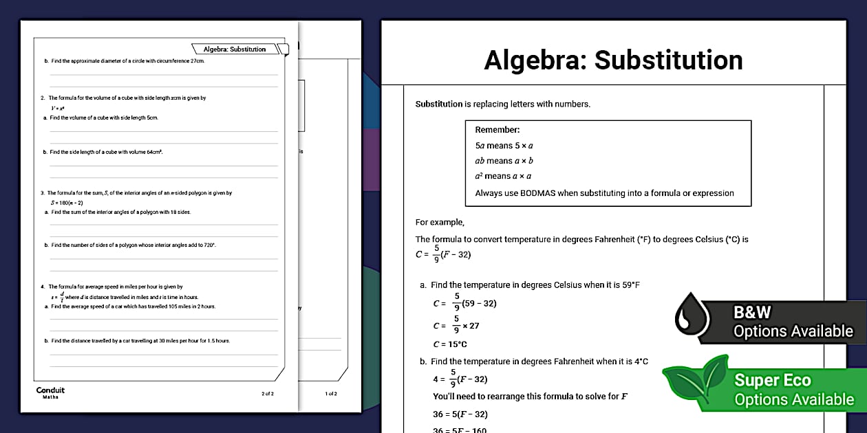 Algebra: Substitution Homework Sheet (teacher made) - Twinkl