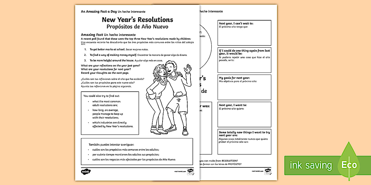 New Years Resolutions Worksheet / Worksheet English/Spanish