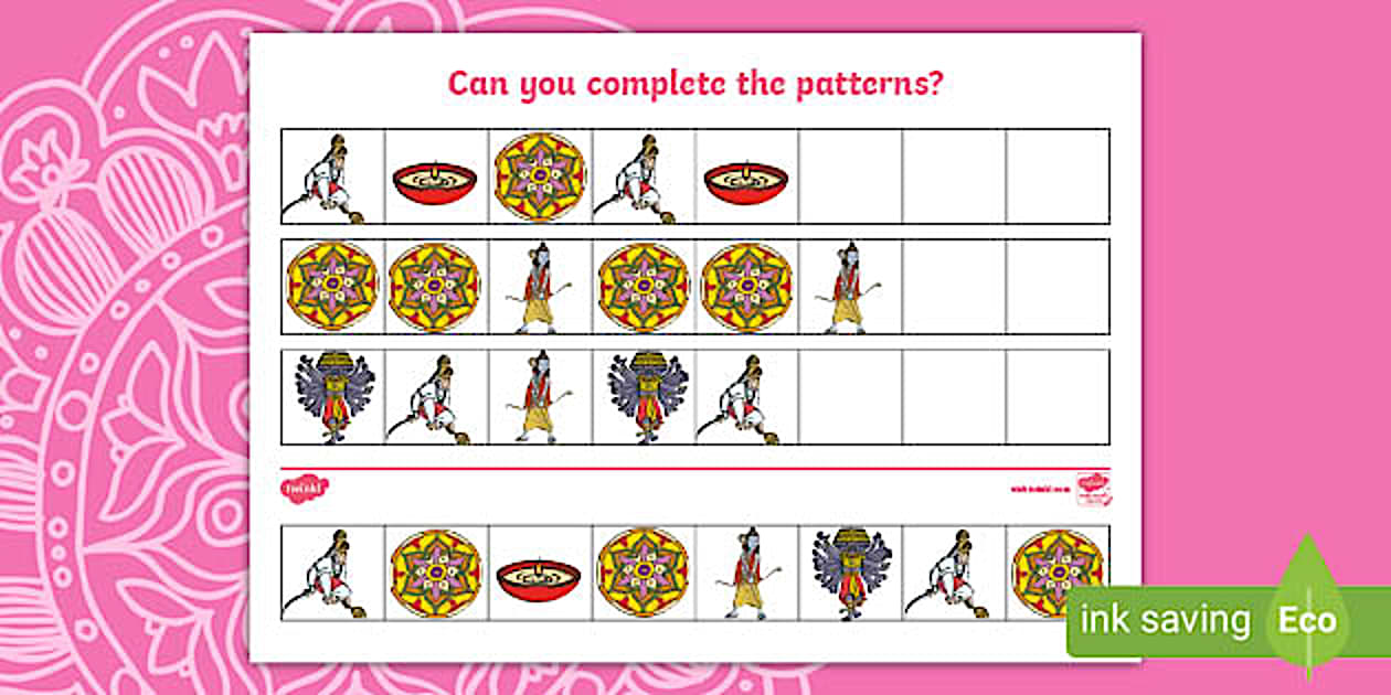 Lower Ability Diwali Complete the Repeating Pattern Worksheet