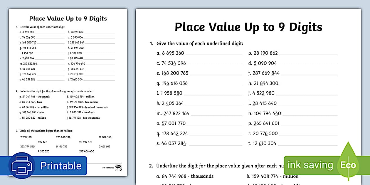Place Value Up to 9 Digits Activity Sheet (teacher made)