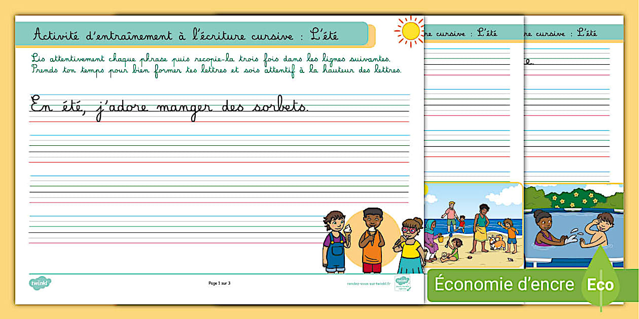 Activité d'écriture cursive : L'été - Twinkl