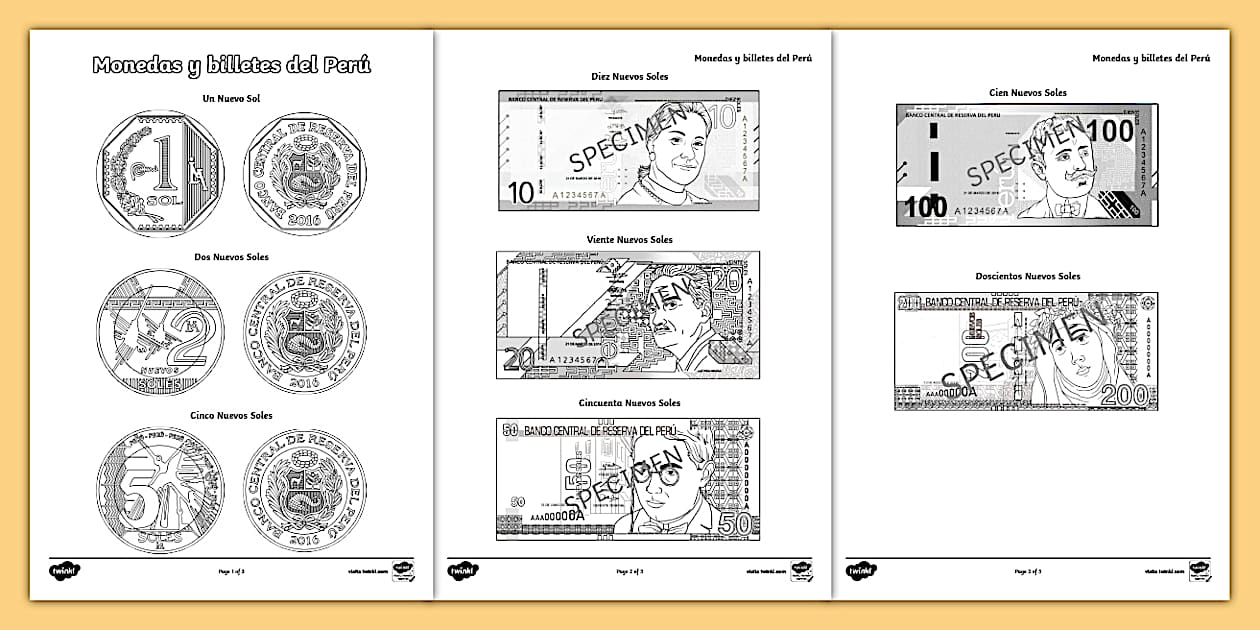 Monedas y billetes del Perú para colorear | Twinkl Perú