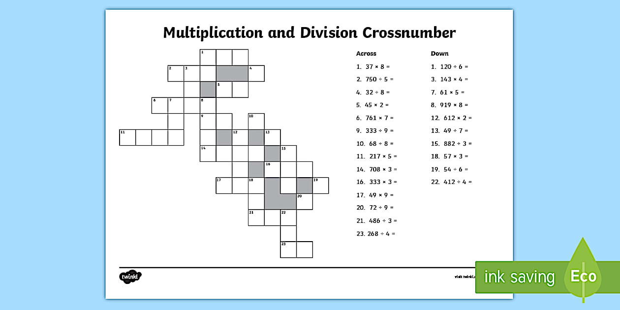 Lower Ability Year 4 Crossnumber Multiplication and Division Worksheet