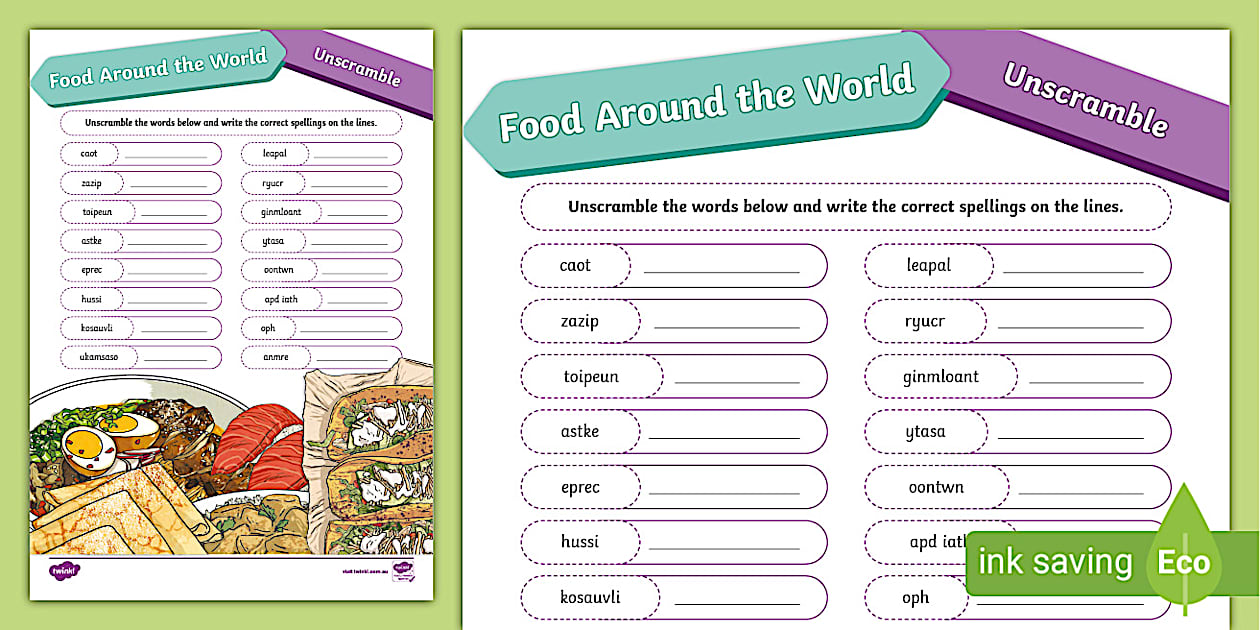 Food Around the World Word Unscramble - Year 6 HASS - Twinkl