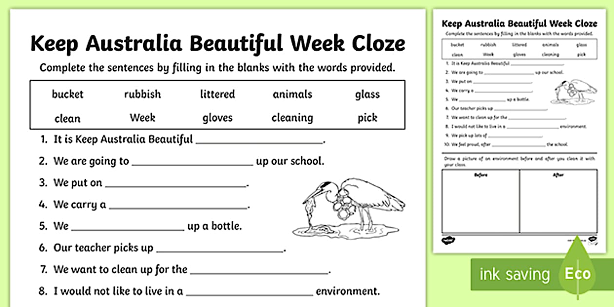 NSW Keep Australia Beautiful Week Cloze Worksheet - Twinkl
