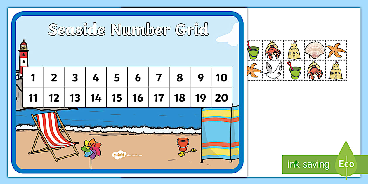 Seaside-Themed 1 to 20 Number Grid (teacher made) - Twinkl