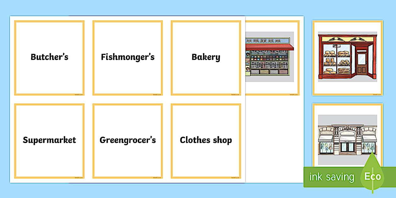 Cartes pour jeu de paires : Les magasins - Anglais LV