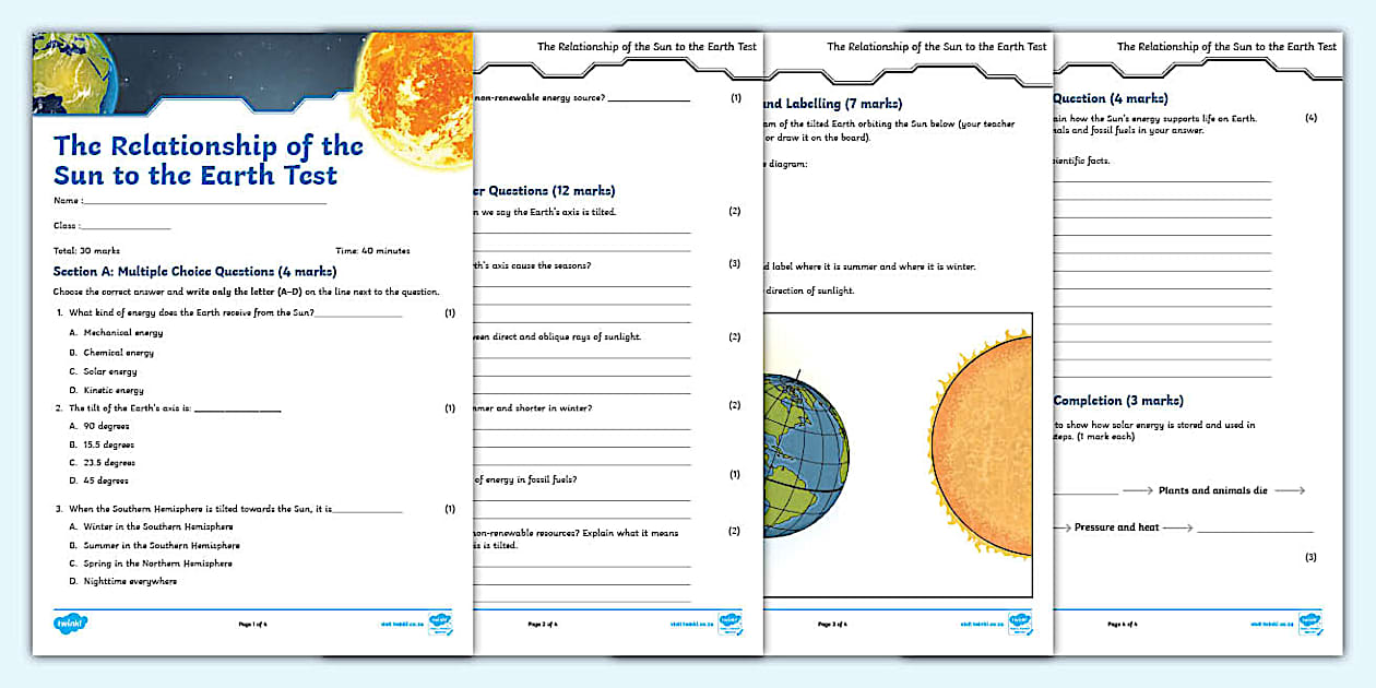 * NEW * The Relationship of the Sun to the Earth Test - Grade 7