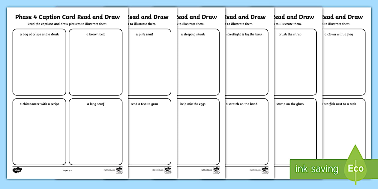 Editable Phase 4 Caption Card Read and Draw Worksheets