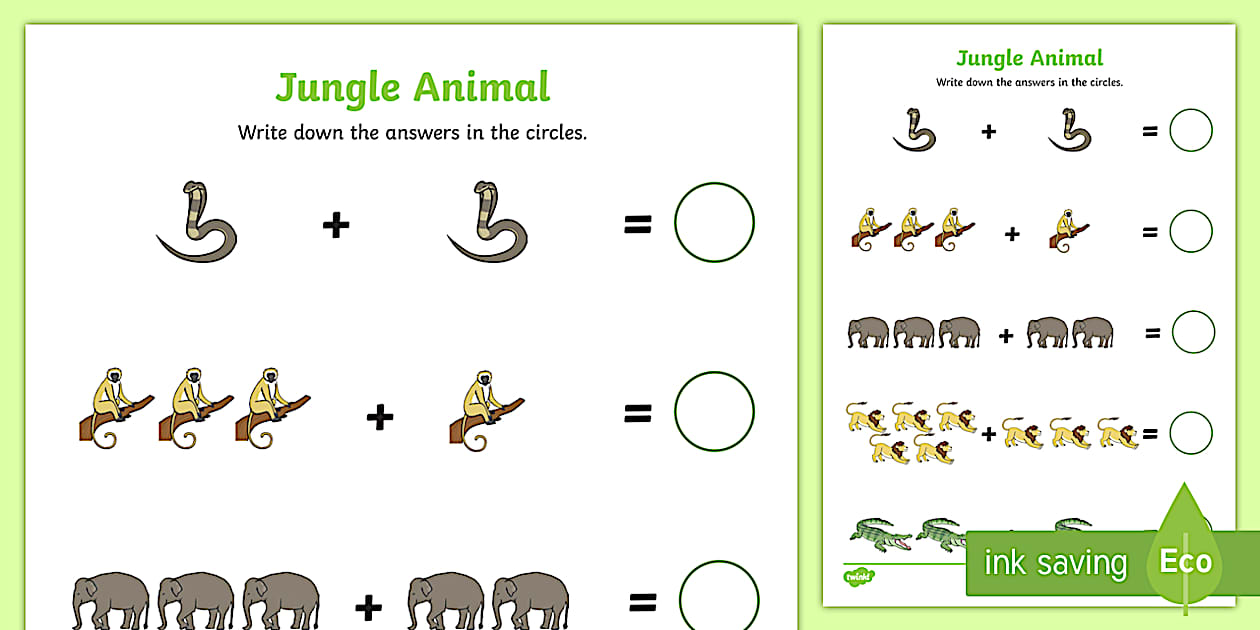 Jungle Animal Themed Addition Sheet (teacher made) - Twinkl