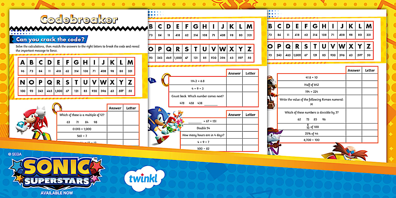 FREE! - Sonic: Math Codebreaker Worksheet for 4th-5th Grade