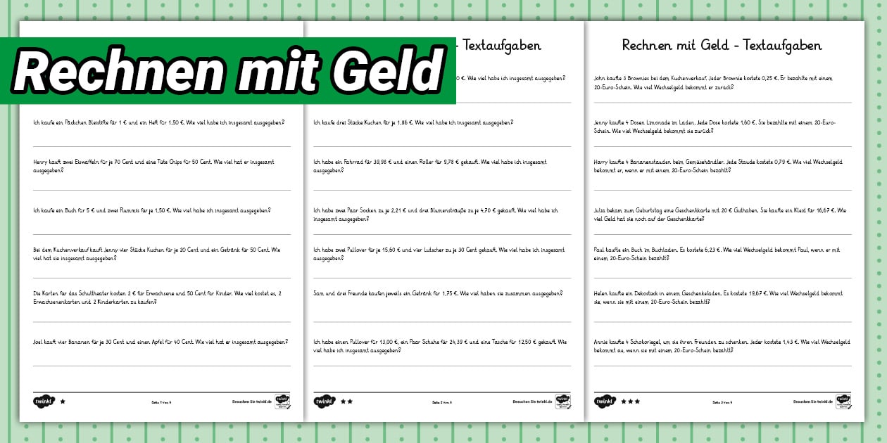 Rechnen mit Geld - Textaufgaben - Arbeitsblatt