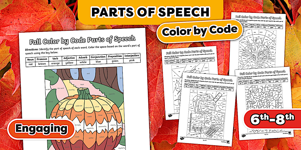 Fall Color by Code Parts of Speech Worksheets for 6th-8th
