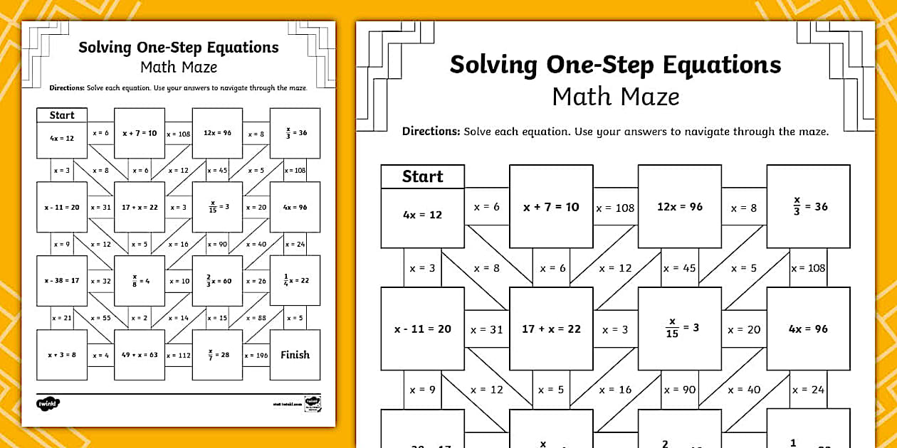 Sixth Grade Solving One-Step Equations Math Maze - Twinkl