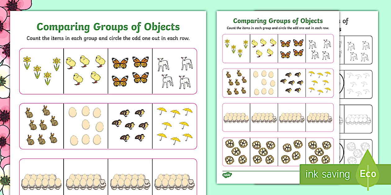 Spring-Themed Comparing Groups of Objects Maths Worksheet