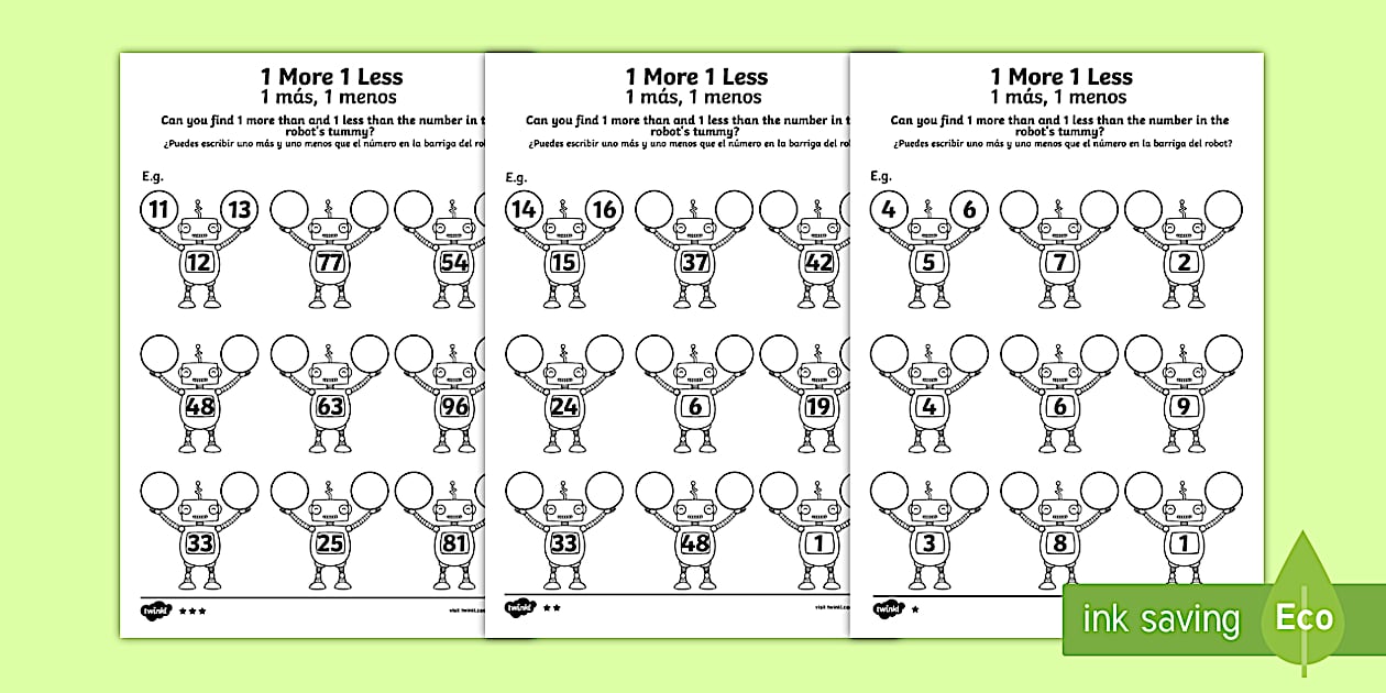 1 More 1 Less Robots Worksheet / Worksheets English/Spanish