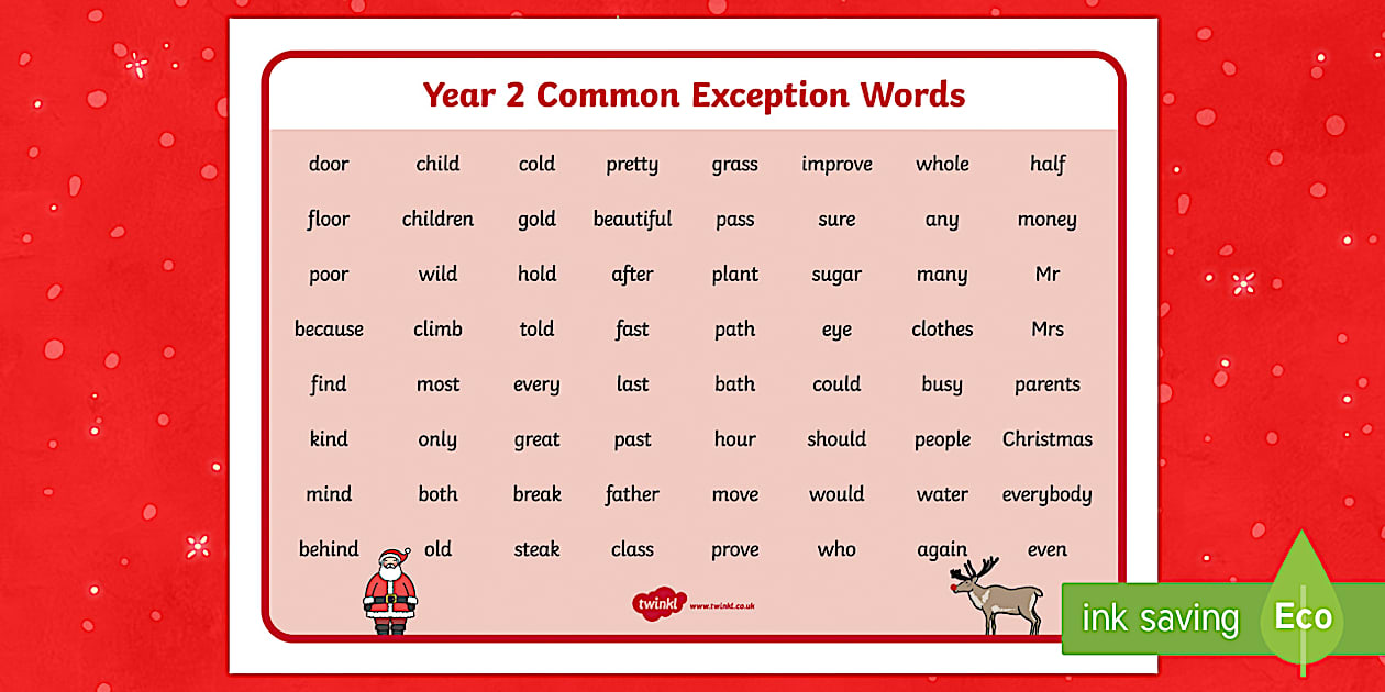 Christmas Themed Year 2 Common Exception Words Mat - Twinkl