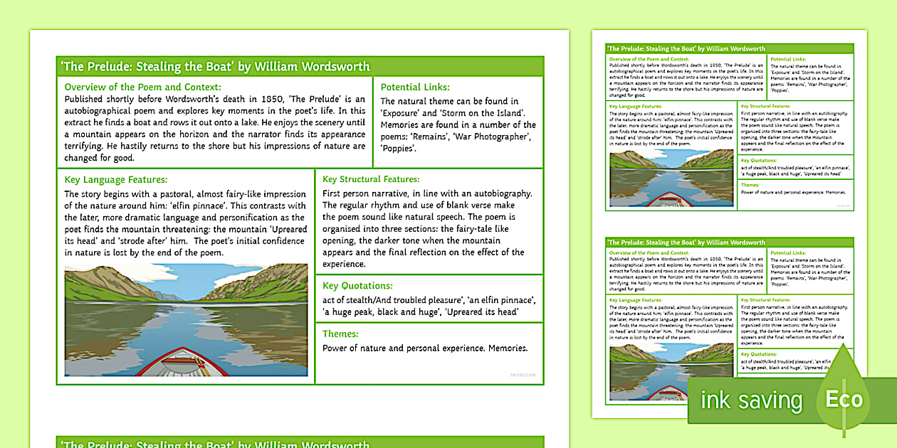 AQA Poetry: The Prelude - One Page Revision Summary - Twinkl
