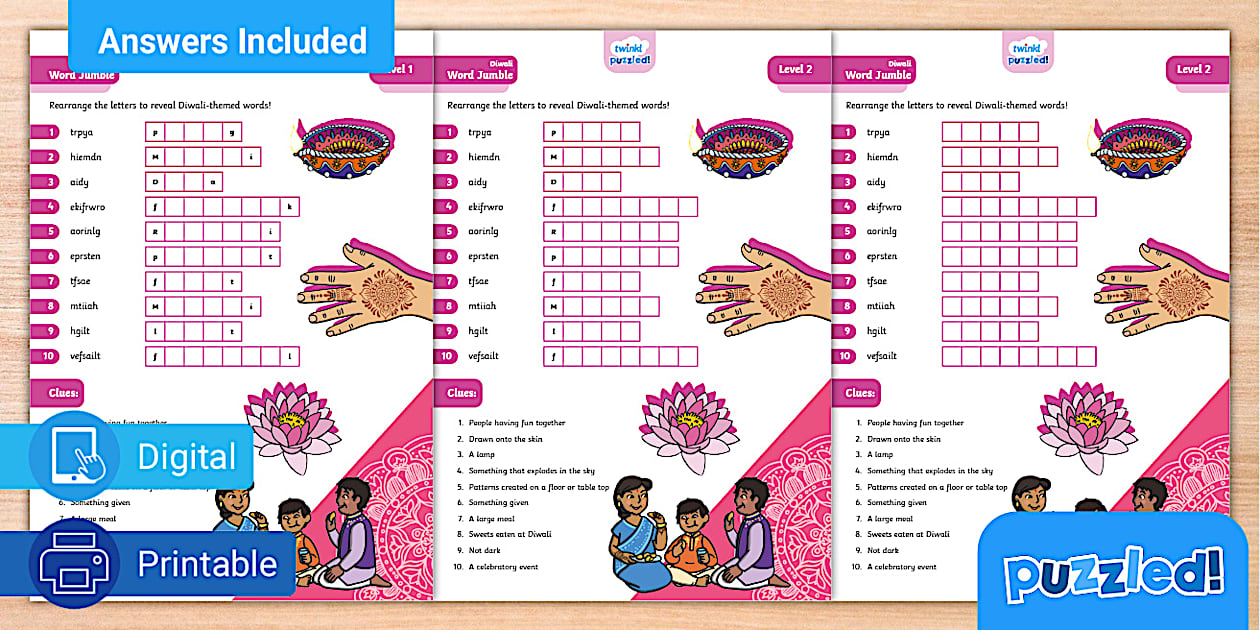Fun Diwali Word Jumble Puzzle Pack - Twinkl Puzzled