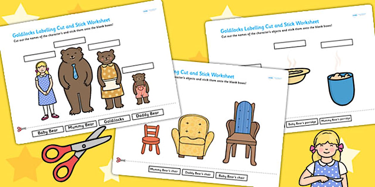 Black and White Goldilocks Scene Labelling Cut and Stick Worksheet