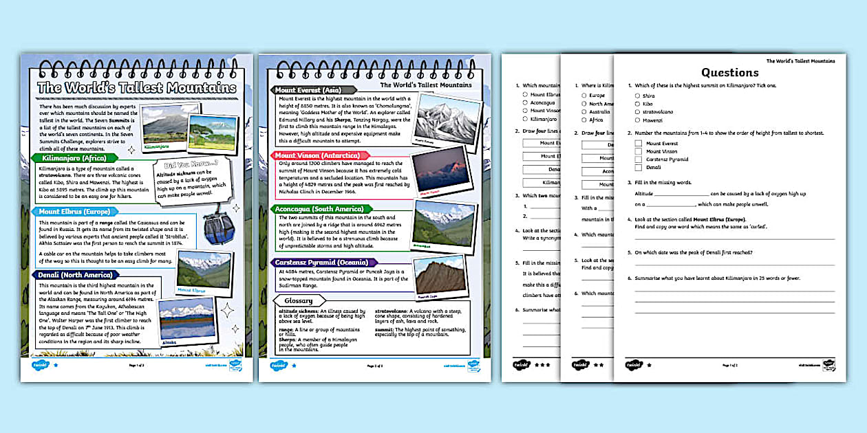 UKS2 The World's Tallest Mountains Differentiated Reading Comprehension