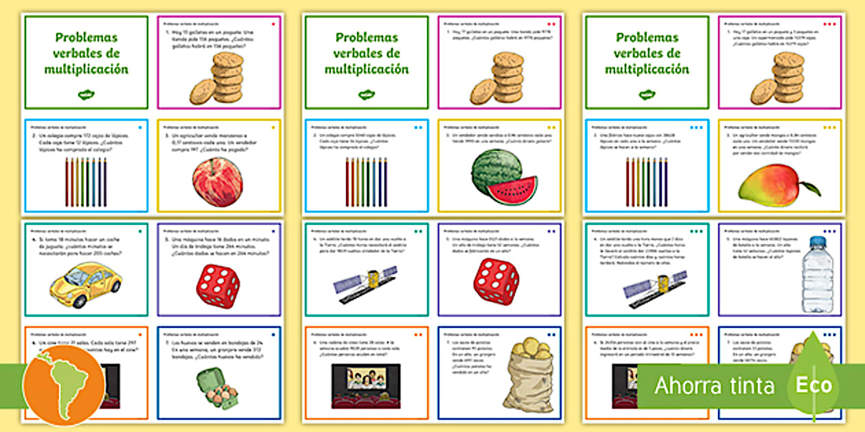 Tarjetas de desafío: Problemas verbales de multiplicación