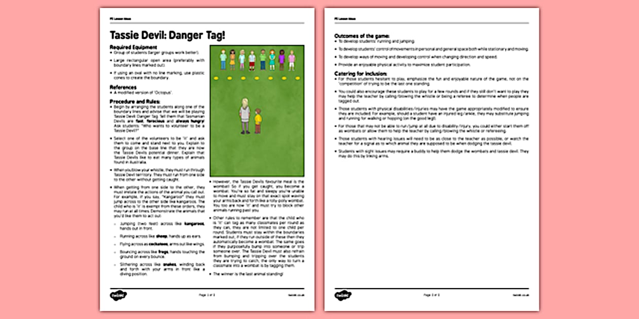 Black and White PE Lesson Plan Tassie Devil Danger Tag