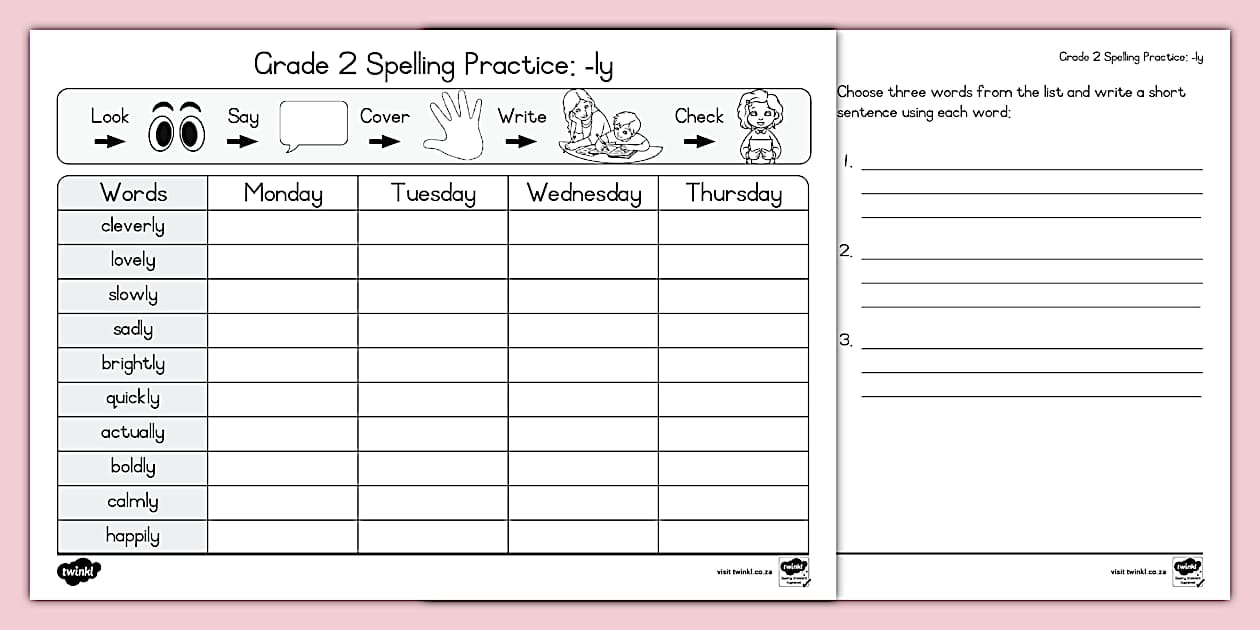 Grade 2 -ly Phonics Spelling Practice Sheets