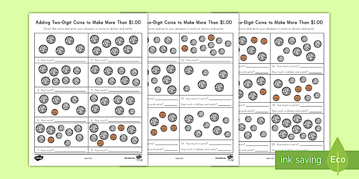 Second Grade Adding Two-Digit Coins to Make More Than $1.00 Activity