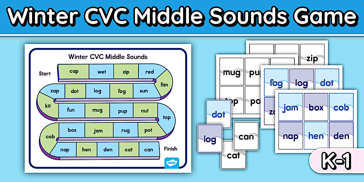 Winter CVC Middle Sounds Board Game for K-1st Grade