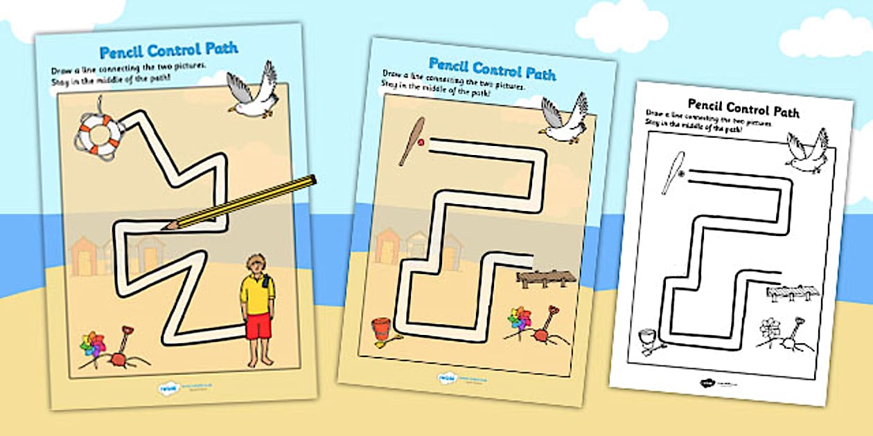Black and White Seaside Themed Pencil Control Path Sheets