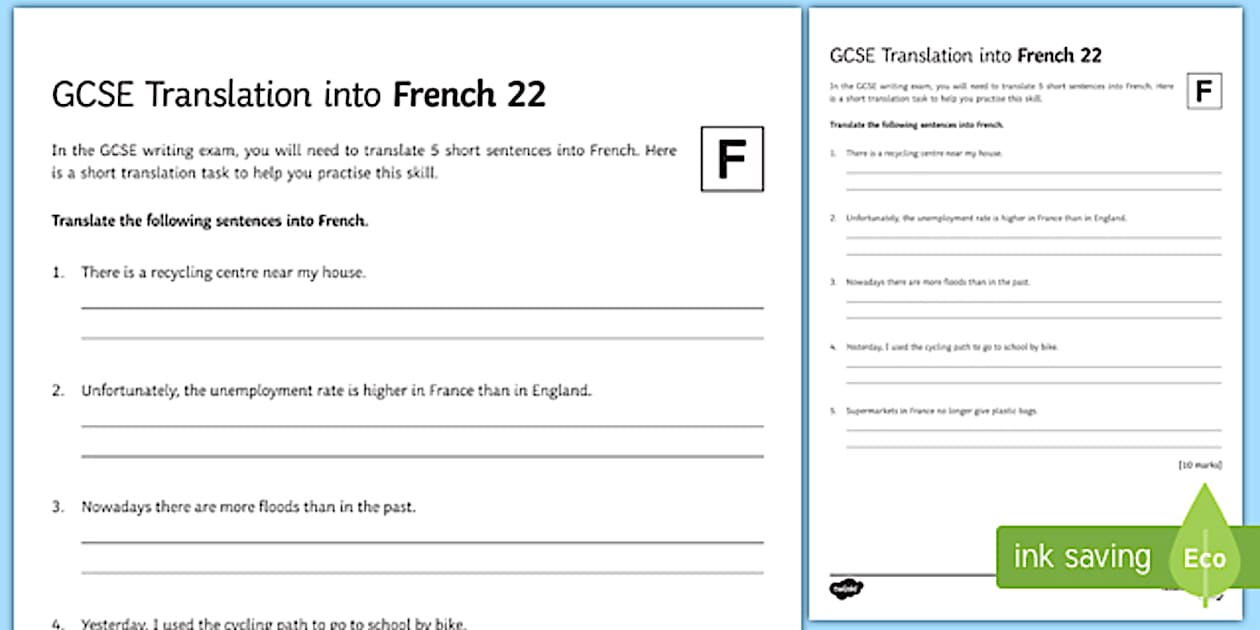 GCSE Translation into French 22 Foundation Tier Worksheet / Worksheet