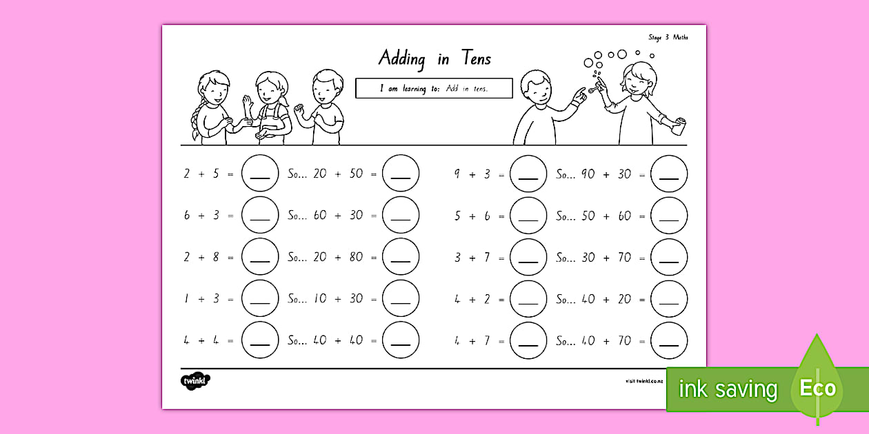 Editable Stage 3 Maths Adding in Tens Worksheet - Twinkl