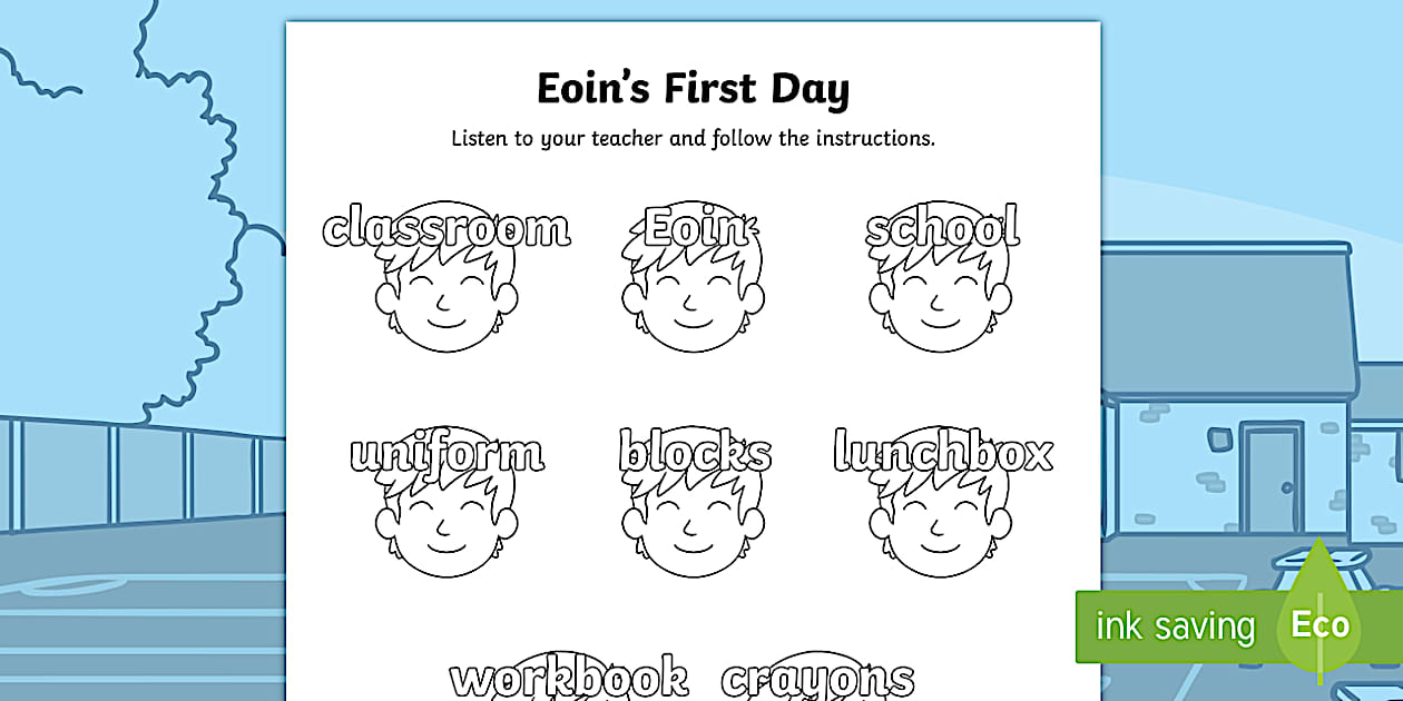 Exploring My World Aistear - Eoin's First Day Listen and Colour Worksheet