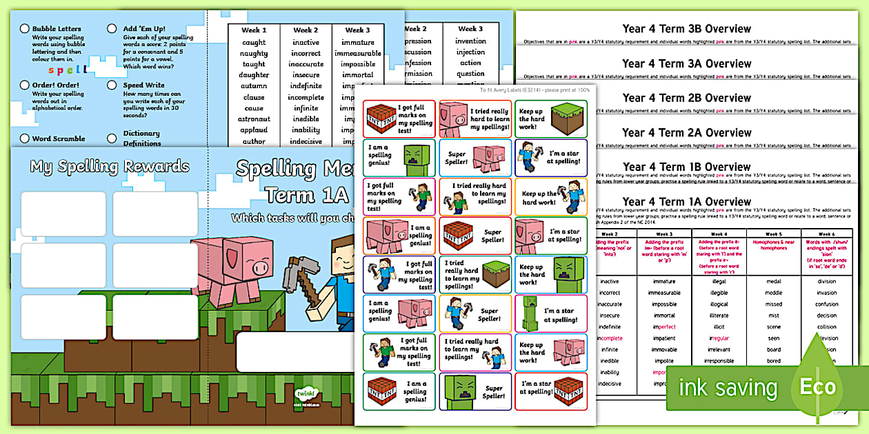 Year 4 Block Adventurer Themed Spelling Menu Pack - Twinkl