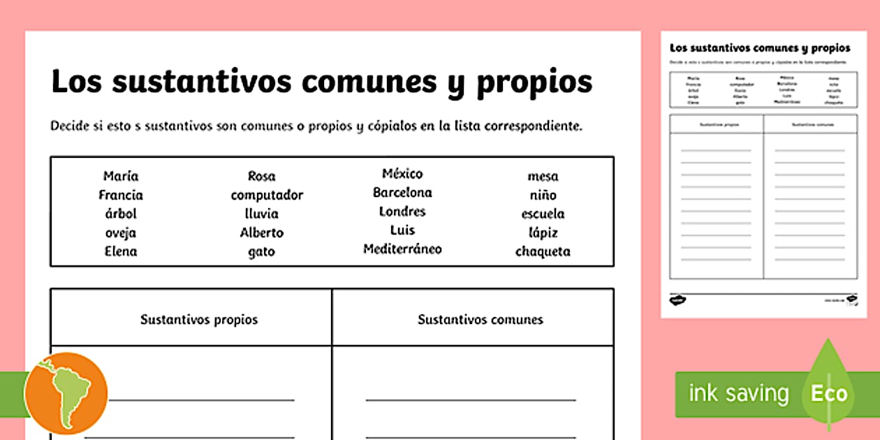 Ficha de actividad: Nombres comunes y propios- Guía de trabajo