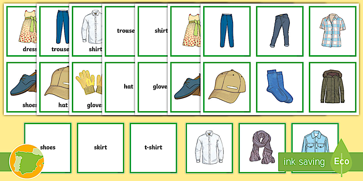 A1 Tarjetas de emparejar: Ropa - inglés - Twinkl