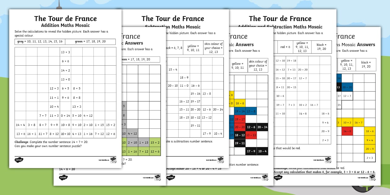 Addition and Subtraction Facts to 20 The Tour de France Maths Mosaic