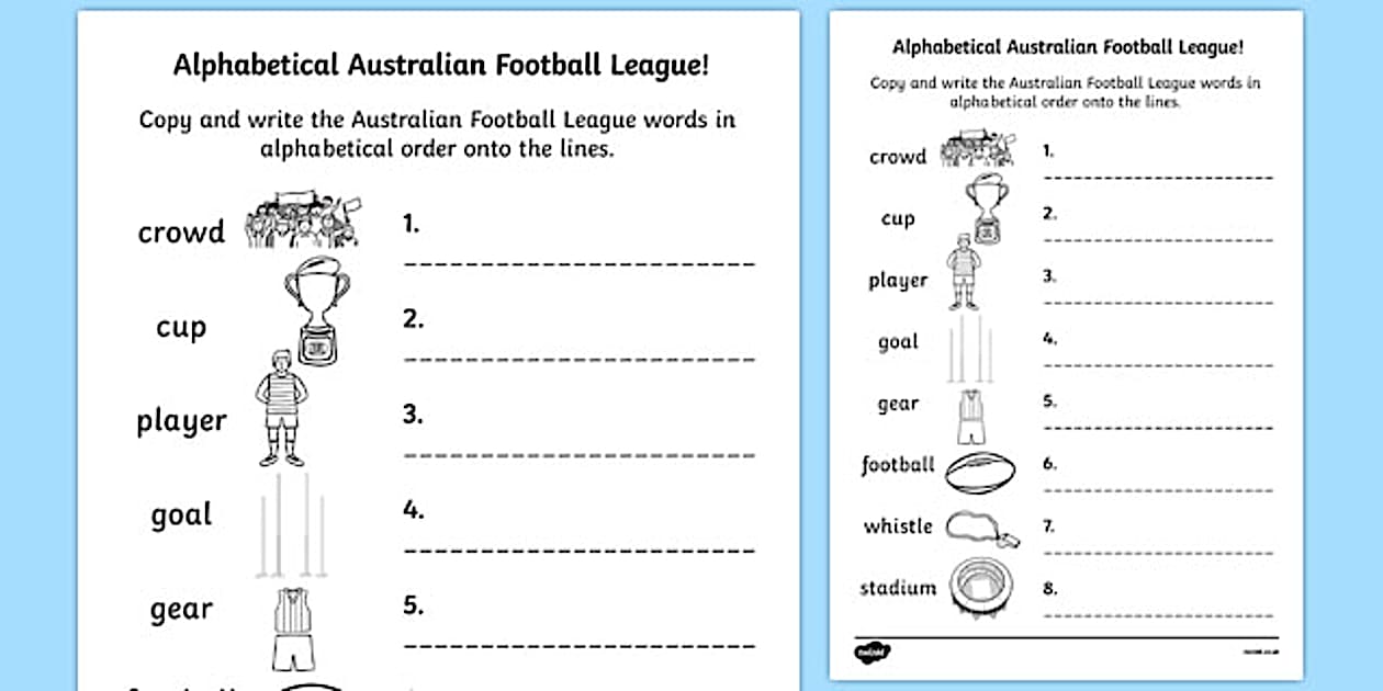 AFL Alphabet Ordering Worksheet - Twinkl