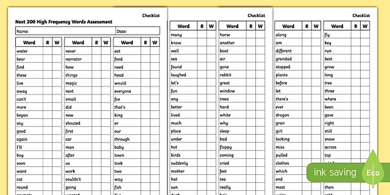 Next 200 Words Assessment Checklist | Vocabulary - Twinkl