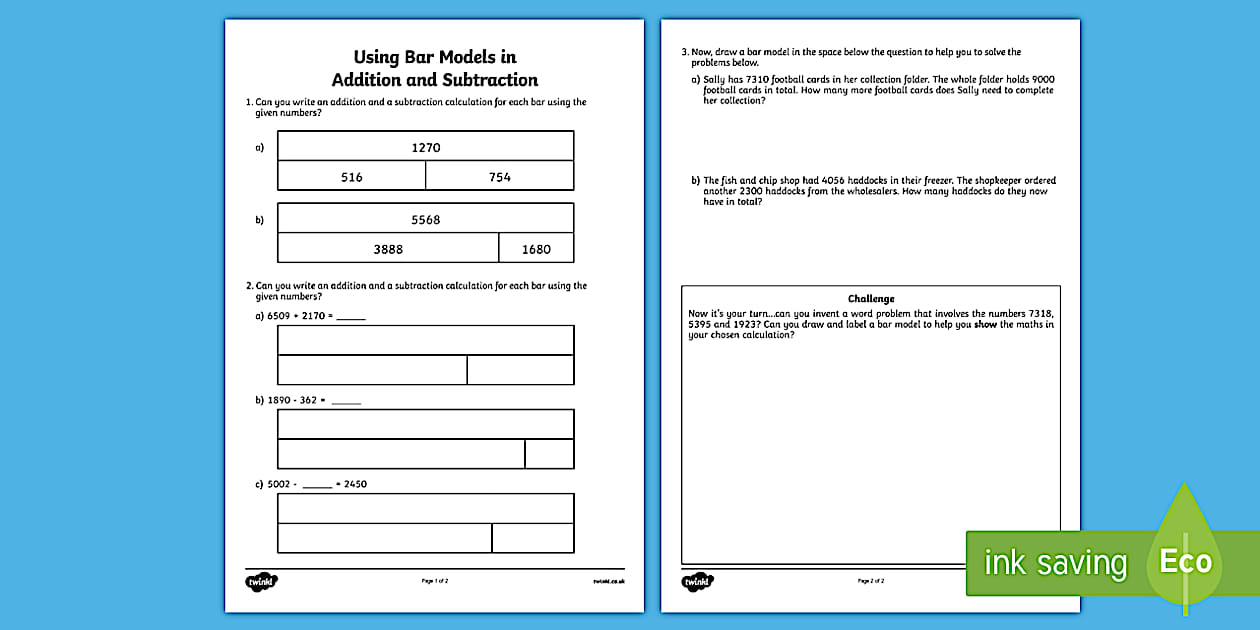 Addition and Subtraction Bar Model Worksheets for Year 6