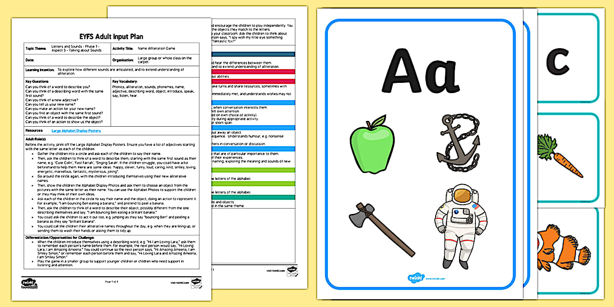 EYFS Name Alliteration Game Adult Input Plan and Resource Pack
