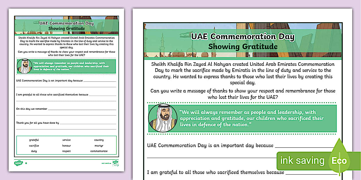 UAE Commemoration Day Gratitude Writing Activity - Twinkl