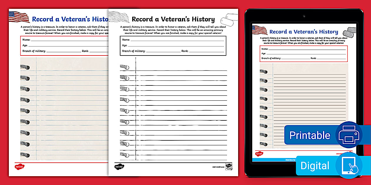 Record a Veteran's History Worksheet for 3rd-5th Grade