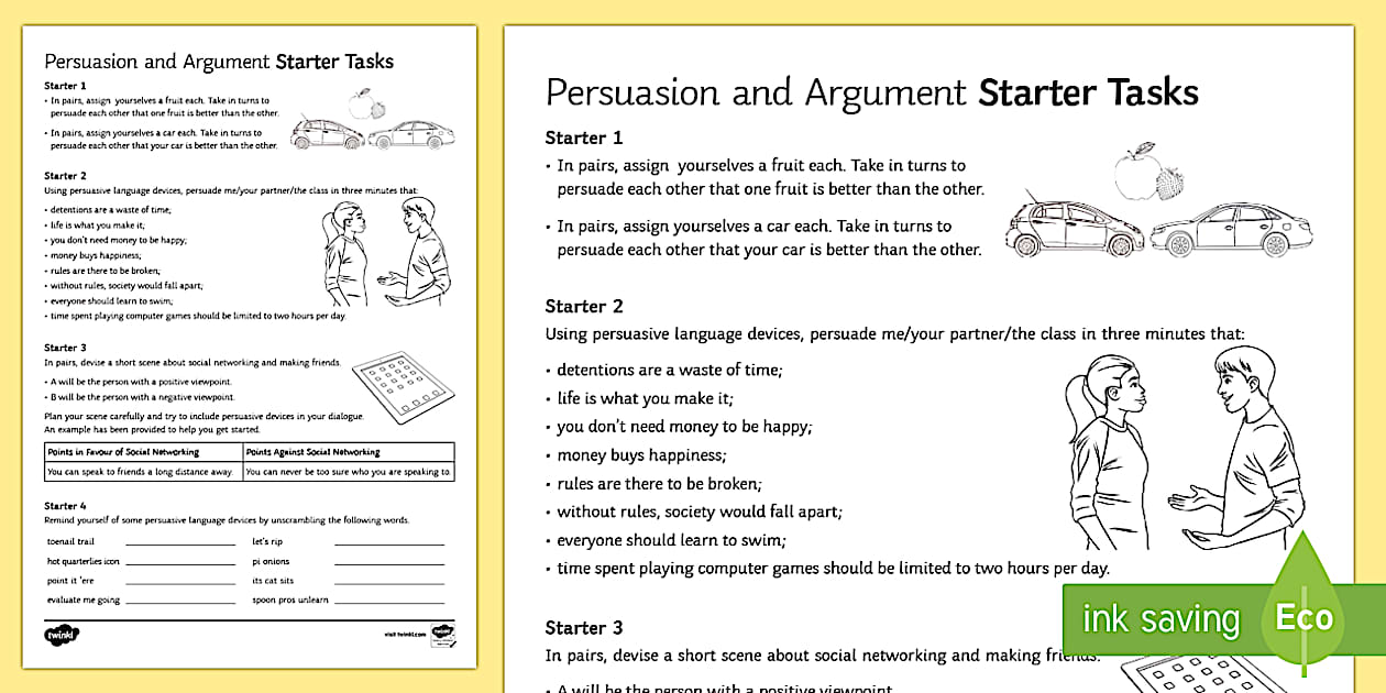 Persuasion and Argument Starter Ideas Pack (teacher made)
