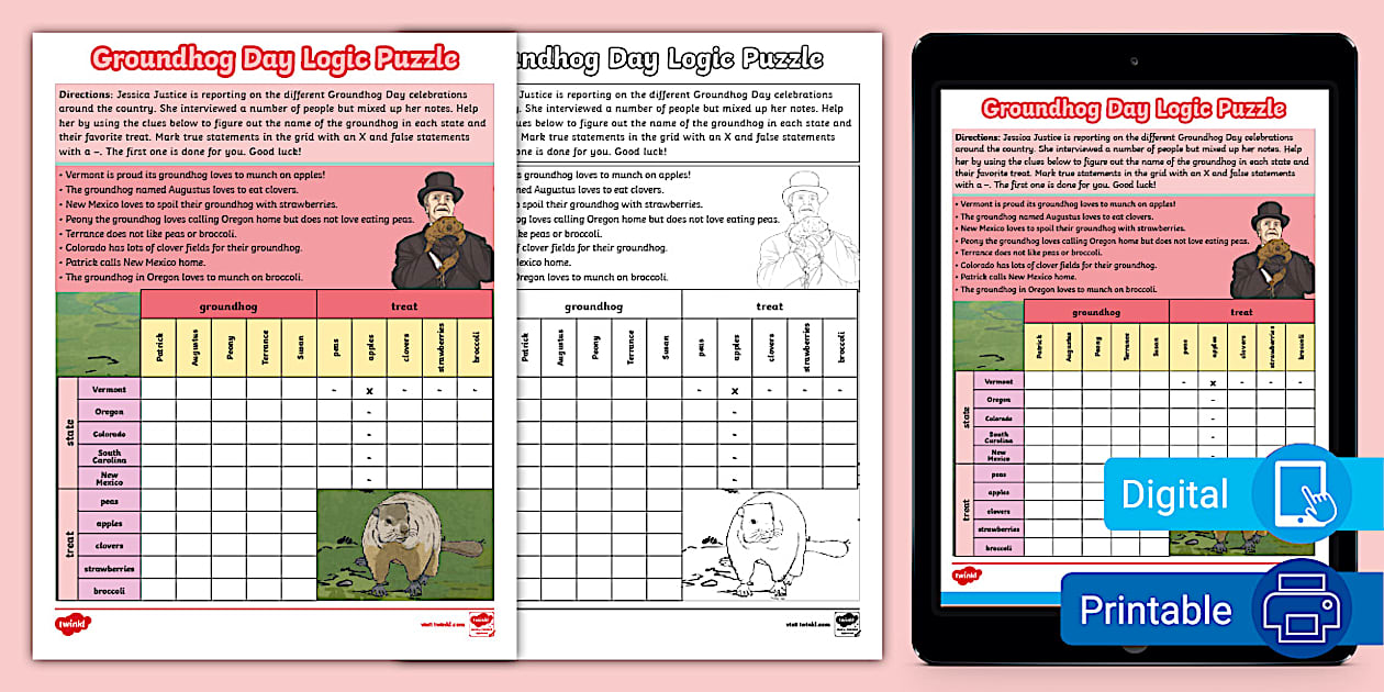 Groundhog Day Logic Puzzle for 3rd-5th Grade (teacher made)