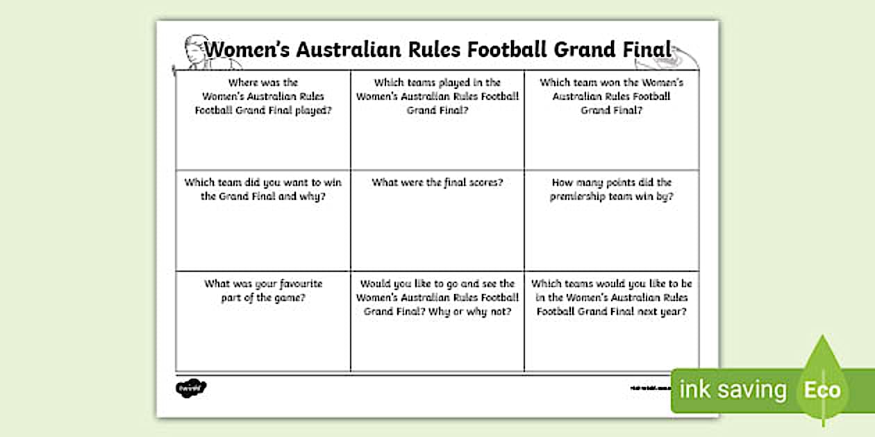 VIC Women's Australian Rules Football Grand Final Writing Worksheet
