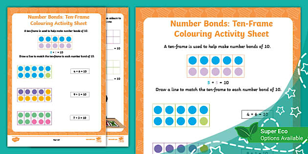 Number Bonds: Tens Frame Coloring Maths Worksheet - Twinkl