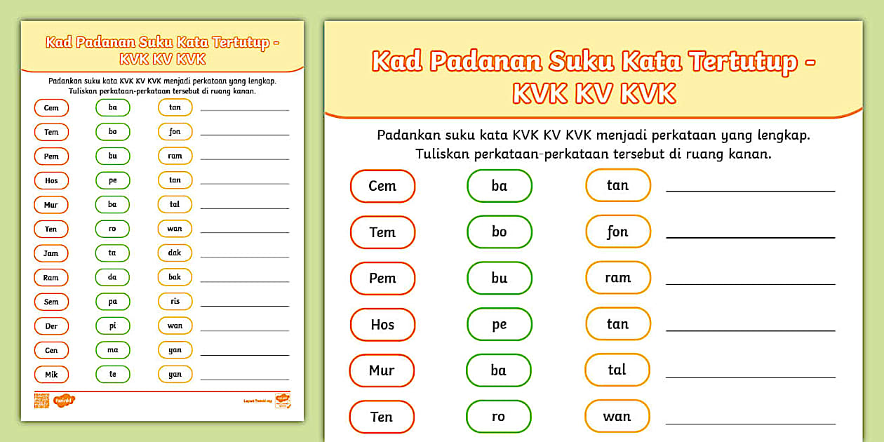Kad Padanan Suku Kata Tertutup - KVK KV KVK