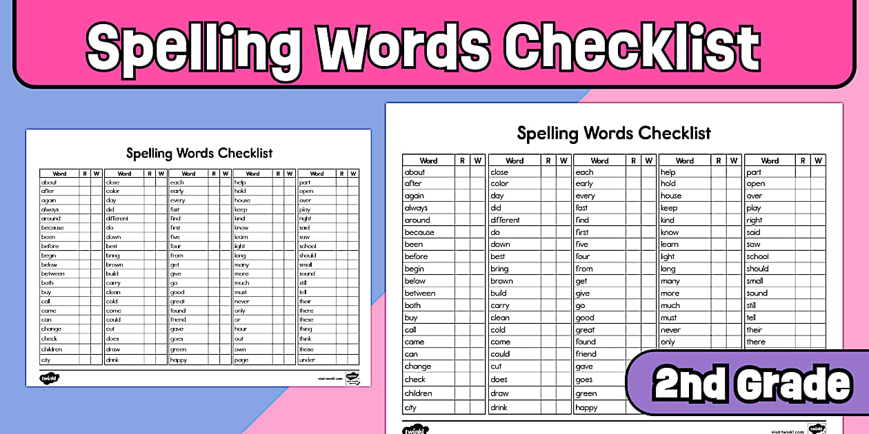 Second Grade Spelling Words Checklist